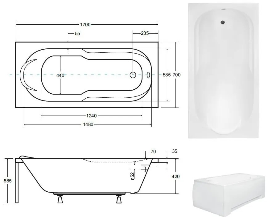 BESCO Obdélníková vana VINDOBONA Nožičky k vaně - S nožičkami, Rozměr vany - 150 × 70 cm - OLVVIN15+OLVPINOZ