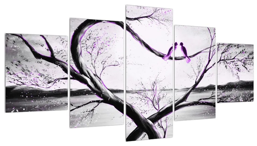 Obraz dvou fialových ptáků na stromě (150x80 cm)