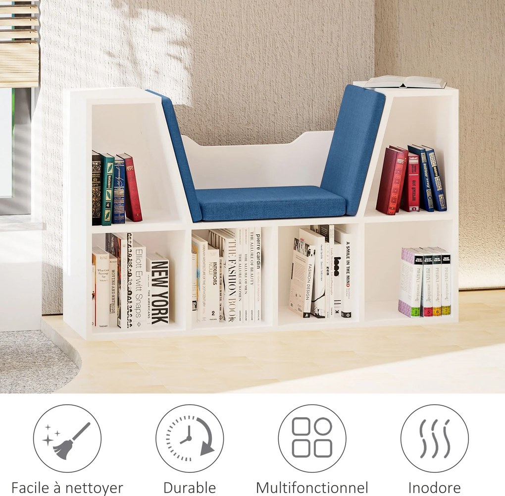 HOMCOM Knihovna s lavicí 2 v 1 Moderní design 6 oddílů 3 polštáře 102Š x 30H x 61V cm Bílá Modrá | Aosom