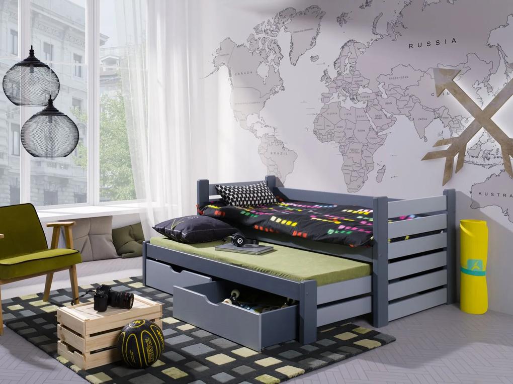 Rozkládací postel Mateus s úložným prostorem 90x200 cm (Š 97 cm, D 208 cm, V 80 cm), Grafitový akryl, Šedý akryl, 1 ks matrace do přistýlky, zábranka vlevo