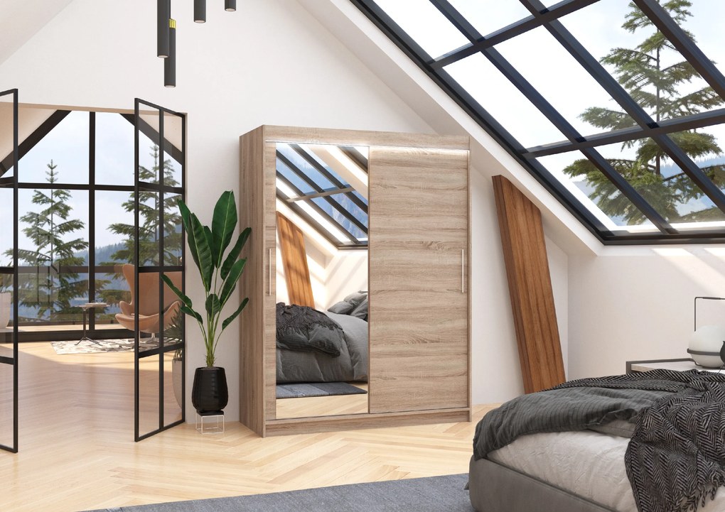 ADRK Furniture Posuvná skříň se zrcadlem a LED osvětlením BIANCO 150 SW-BIA-T-150+L-V152