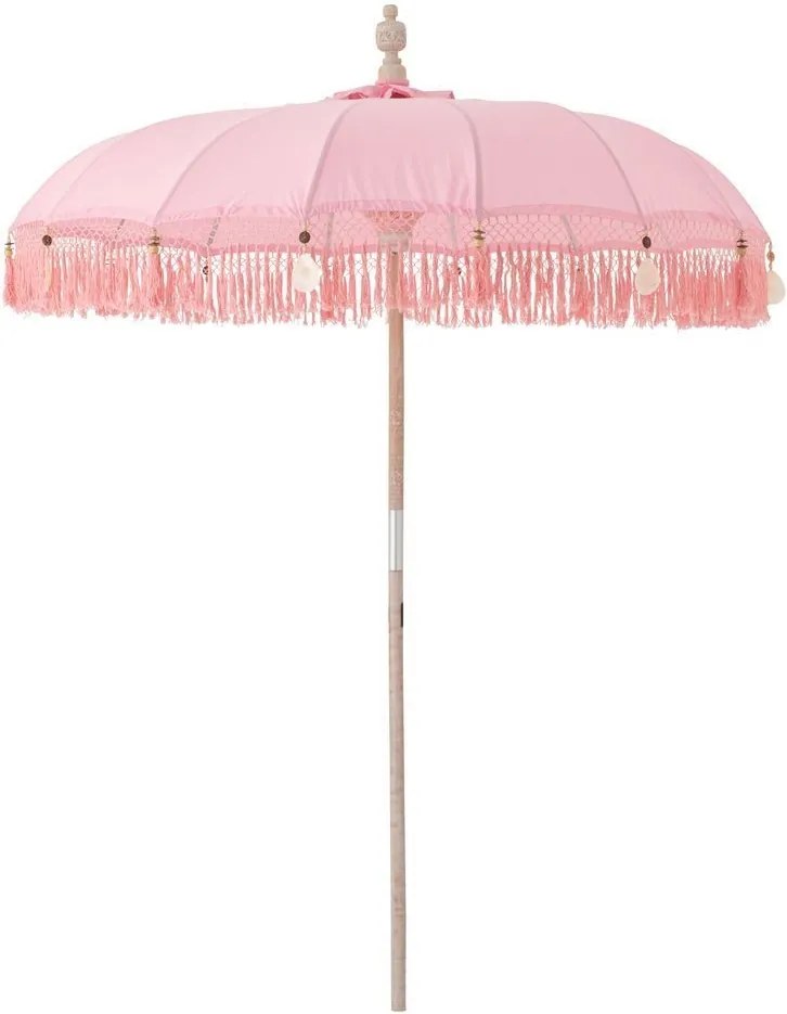 Růžový slunečník s dřevěnou tyčí a třásněmi Bobbi Pink - ∅ 200*260 cm
