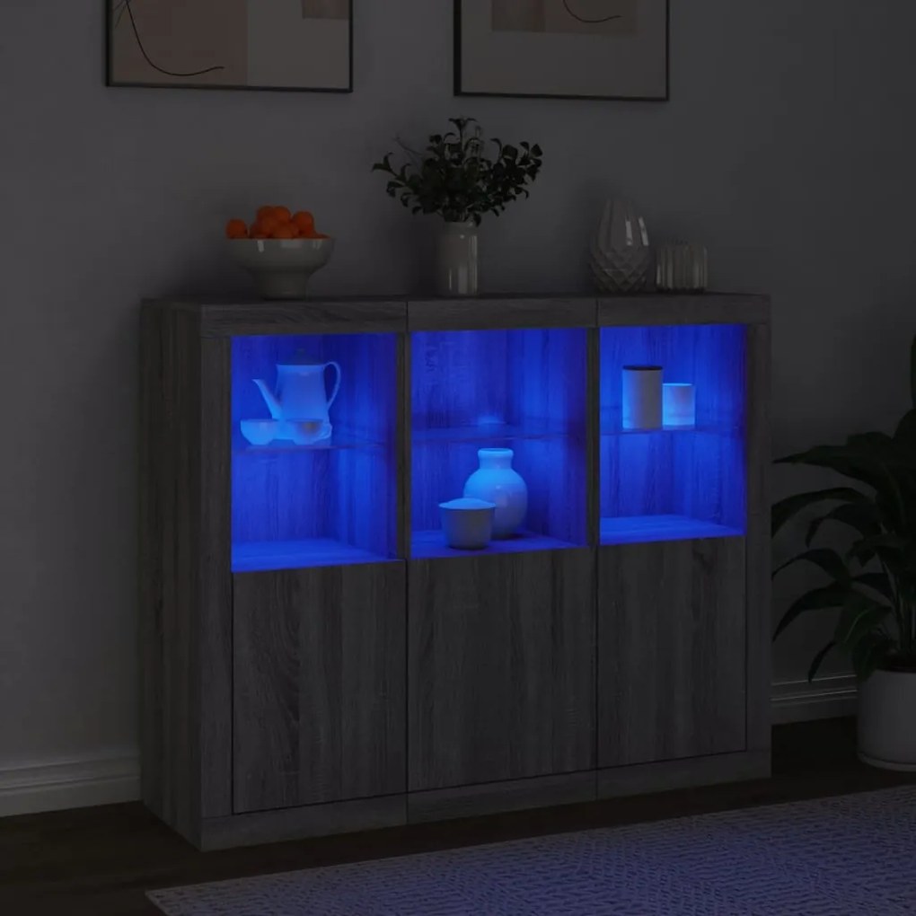 Příborníky s LED osvětlením 3 ks šedé sonoma kompozitní dřevo 3209105