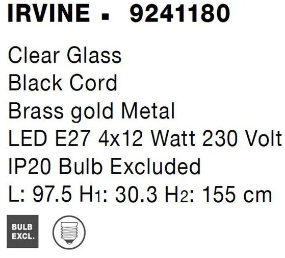 Nova Luce Závěsné svítidlo IRVINE čiré sklo černý kabel mosazný zlatý kov E27 4x12W