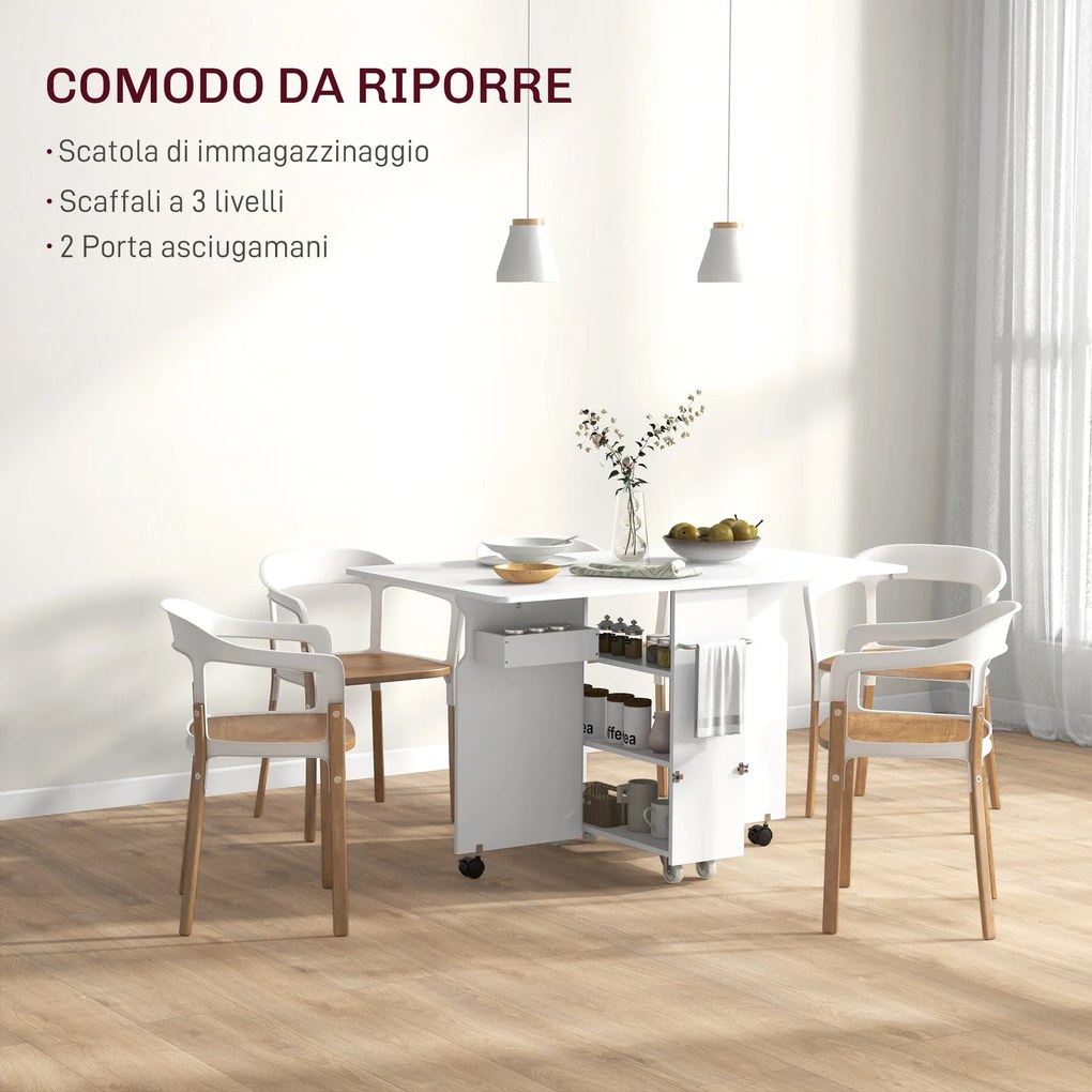 Skládací stůl HOMCOM s vyklápěcími deskami a 3 úrovněmi polic, úložná skříňka a kola, MDF, 130x80x76,5 cm, bílý