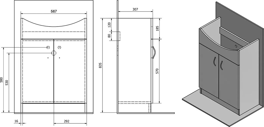 Aqualine Simplex Eco 60 58,5 x 83,5 x 30,7 cm SIME600 umyvadlová skříňka včetně umyvadla HF060