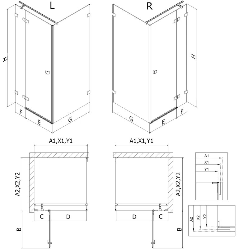 Mexen Lunar T, sklápěcí sprchový kout levý 120 x 120 cm, 8mm čiré sklo, černý profil, 834T-120-120-70-00-L