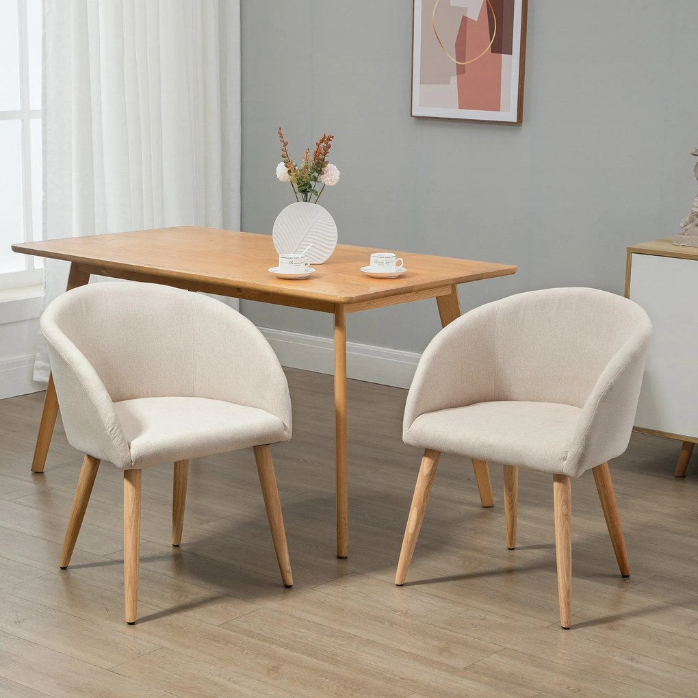 HOMCOM Sada 2 jídelních židlí - Skandinávský design - Zúžené skloněné nohy z kaučukového dřeva - Ergonomický potah s opěradlem a područkami v lnu béžo