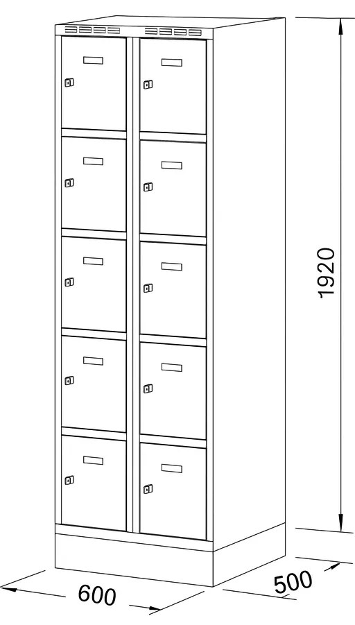 Alfa 3 Šatní skříňka S6 s úložnými boxy na soklu, 10 boxů, 1920 x 600 x 500 mm, otočný zámek, tmavě šedé dveře