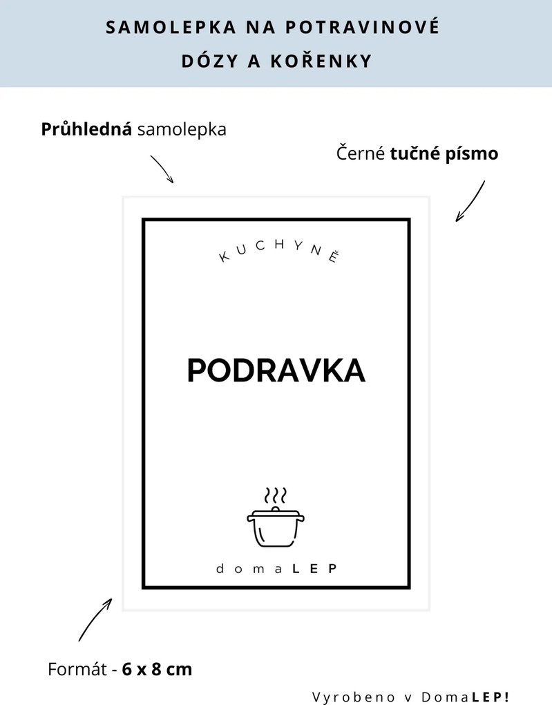 PODRAVKA – průhledná samolepka na dózu, tučné písmo, 6 x 8 cm | DomaLEP