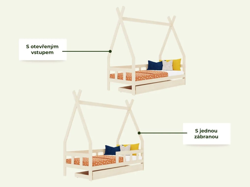 Benlemi Dětská teepee postel FENCE 4v1 ze dřeva se zábranou a úložným šuplíkem Zvolte barvu: Béžová, Zvolte rozměr: 90x160 cm, Zvolte zábranu: S jednou zábranou