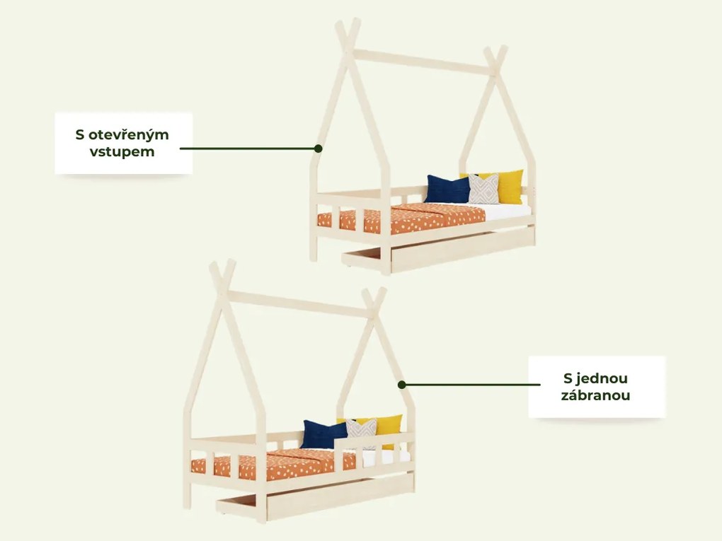 Benlemi Dětská teepee postel FENCE 4v1 ze dřeva se zábranou a úložným šuplíkem Zvolte barvu: Béžová, Zvolte rozměr: 90x180 cm, Zvolte zábranu: S jednou zábranou