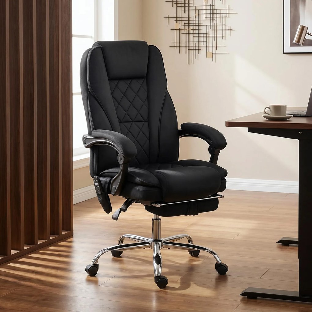 Masážní kancelářské křeslo Vinsetto s vyhříváním — ergonomické, polohovatelné, s nastavitelnou výškou, kabelovým ovládáním, výsuvnou podnožkou a 360°…