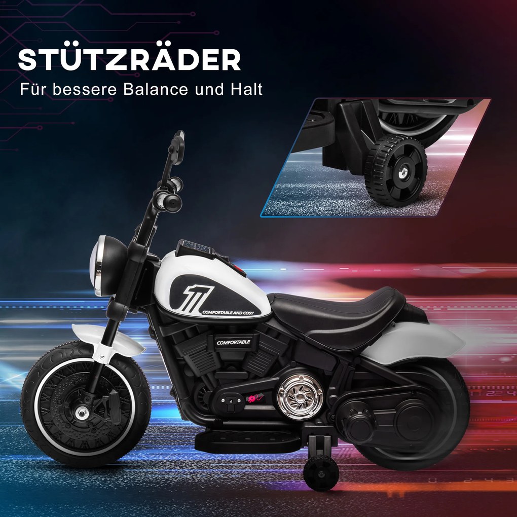Dětská motorka HOMCOM - Elektrická motorka pro děti s 2 odnímatelnými tréninkovými koly, 3 km/h, pro děti od 1,5 do 3 let, Bílá, 76 x 42 x 57 cm