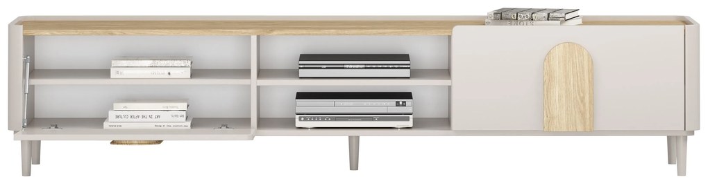 TV stolek Amilio 220 cm na nožkách - kašmírová / dub olejovaný / úchytky dub světlý