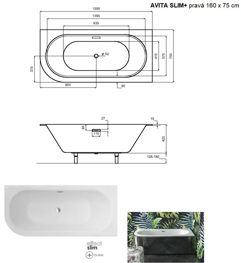 BESCO Asymetrická vana AVITA SLIM+ Nožičky k vaně - S nožičkami, Rozměr vany - 160 × 75 cm, Způsob provedení - Pravé VANAVIT16SLIMPP+OLVPINOZ