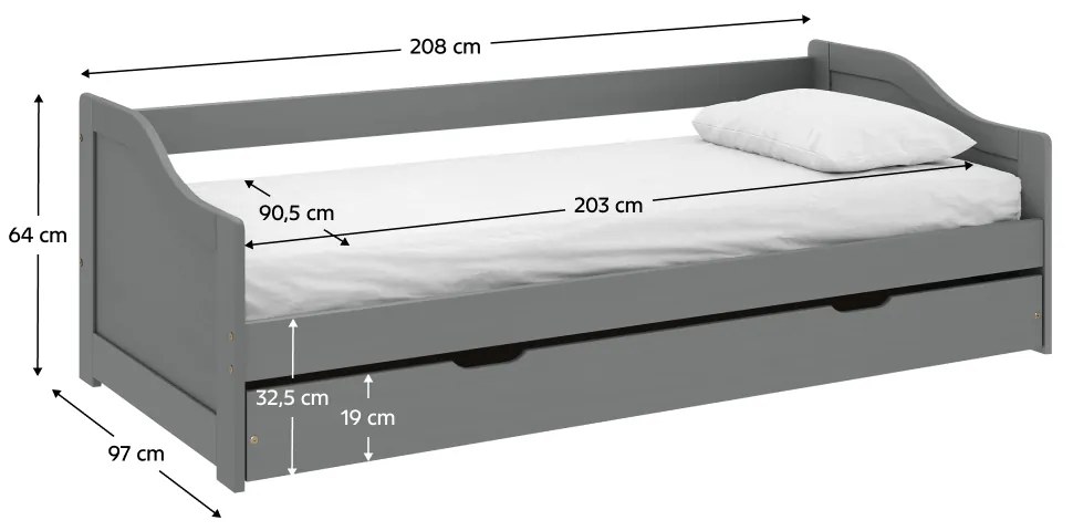Kondela Postel s výsuvnou přistýlkou, šedá, masiv, 90x200, LAURA NEW