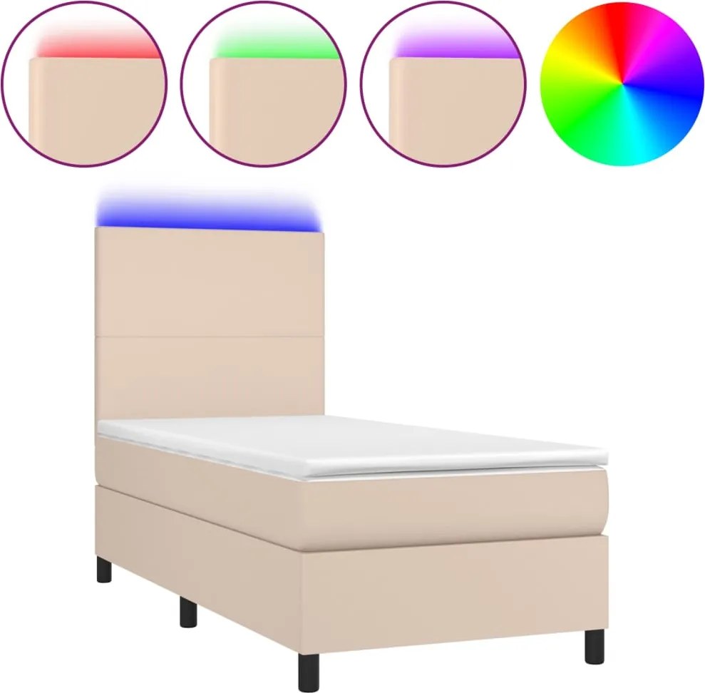 Box spring postel matrace a LED cappuccino 100x200cm umělá kůže 3135812