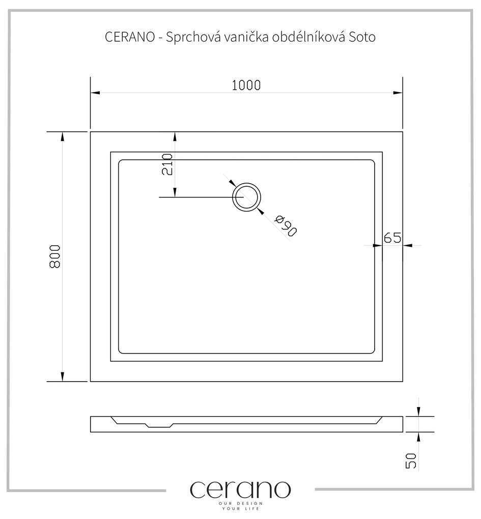 CERANO - Sprchová vanička obdélníková Soto - bílá lesklá - 100x80 cm