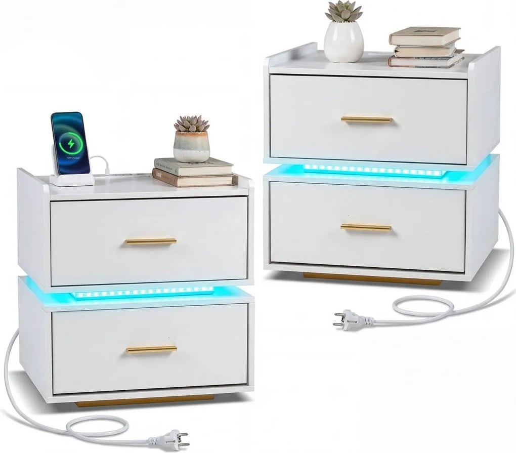 Costway Sada 2 nočních stolků s nabíjecí stanicí LED 2 zásuvkami moderní