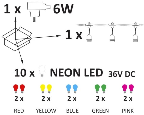 LED Venkovní dekorační řetěz PARTY NEON 7,6 m 10xE27/0,6W/36V IP44