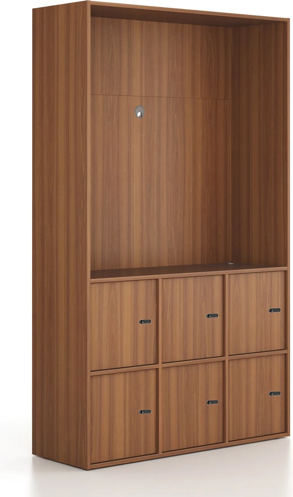 Kancelářská skříň FRAME, 6x dveře, prostor pro TV, 1299 x 450 x 2162 mm, mechanický kódový zámek, ořech
