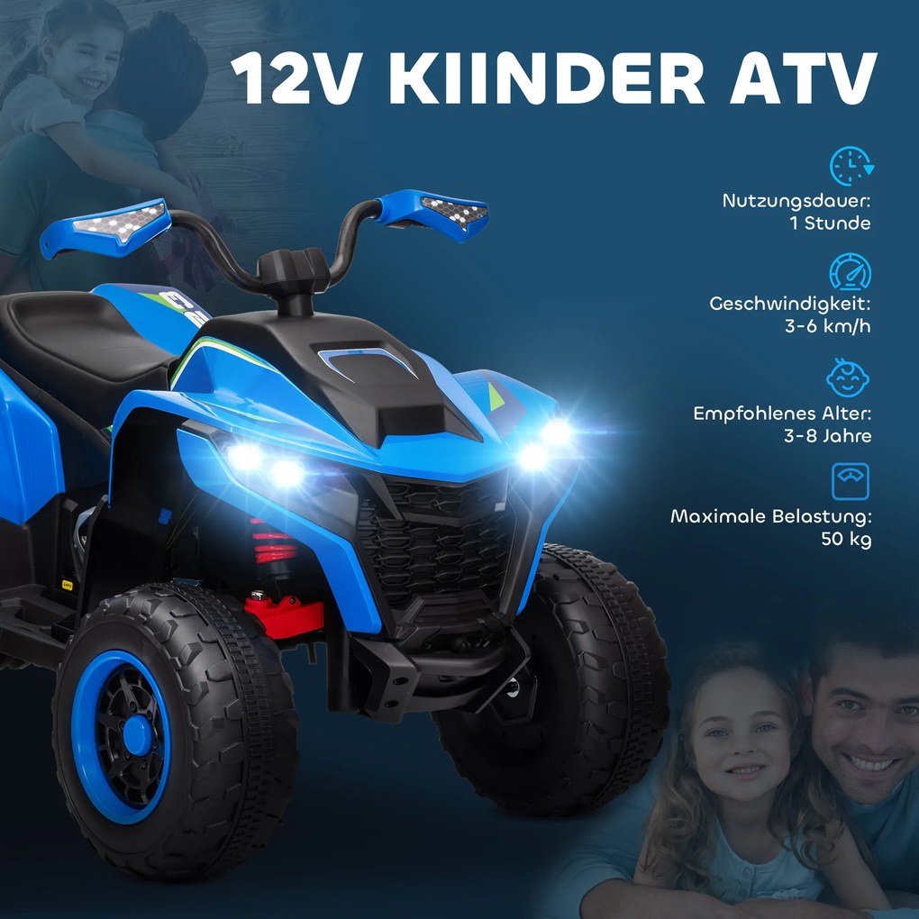 AIYAPLAY Elektro čtyřkolka pro děti, 3-6 km/h, LED světlomety, hudba, USB, pro děti 3-8 let, modrá