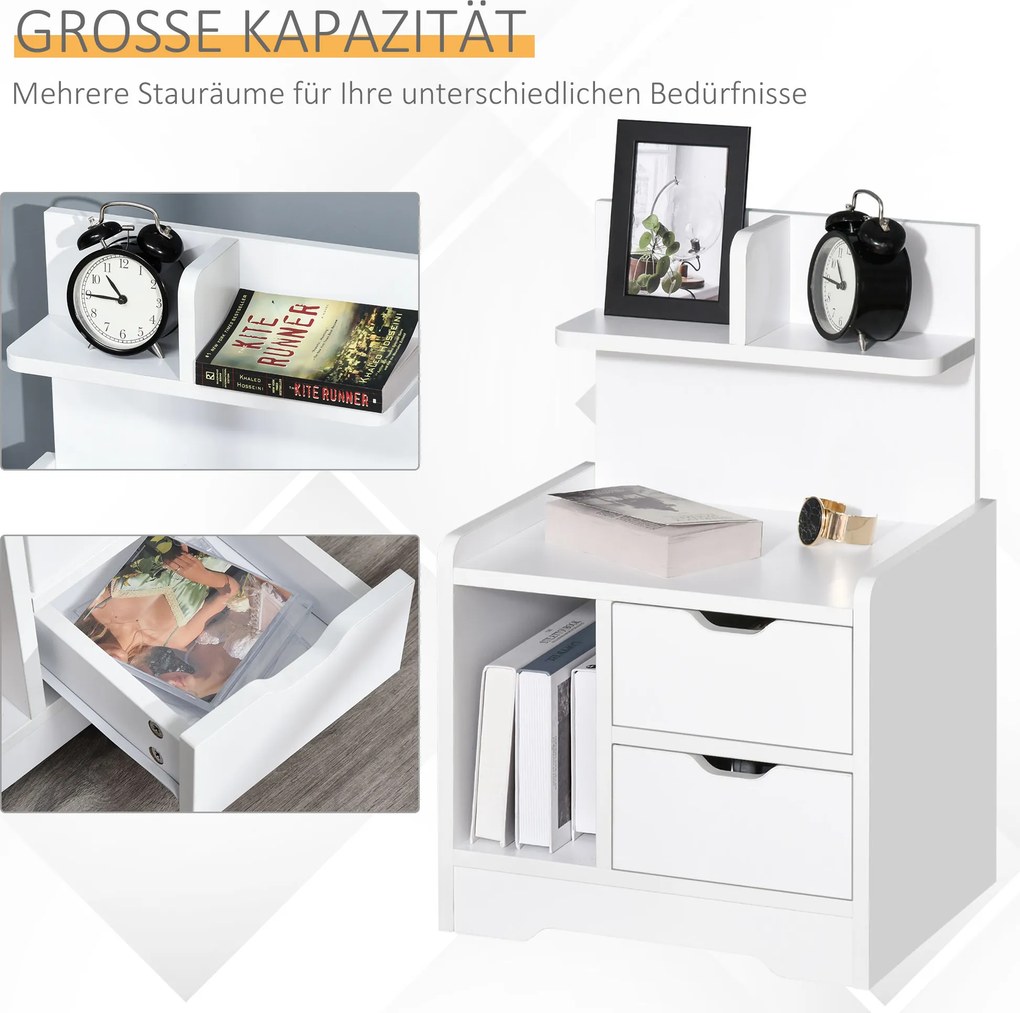 HOMCOM Moderní noční stolek s 2 šuplíky a 3 úložnými prostory pro obývací pokoj a ložnici, nosnost 30 kg, 40x30x60 cm, bílý