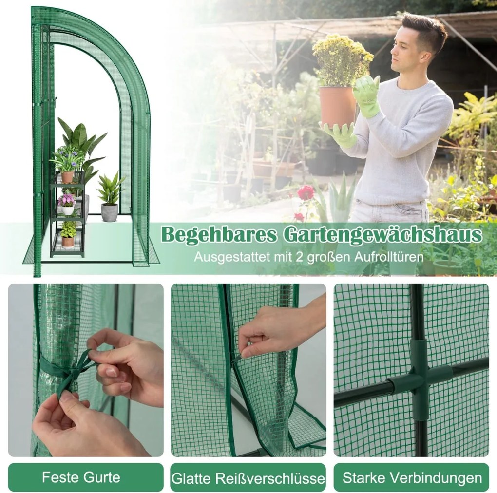 Costway Film Greenhouse Walk-in Mini skleník s policí na květiny, zelený