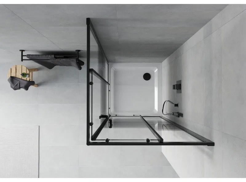 Mexen Rio, čtvercový sprchový kout 80(dveře)x80(dveře)x190 cm, 5mm čiré sklo-vzor pásky, černý profil + bílá sprchová vanička SLIM, 860-080-080-70-20-4010B