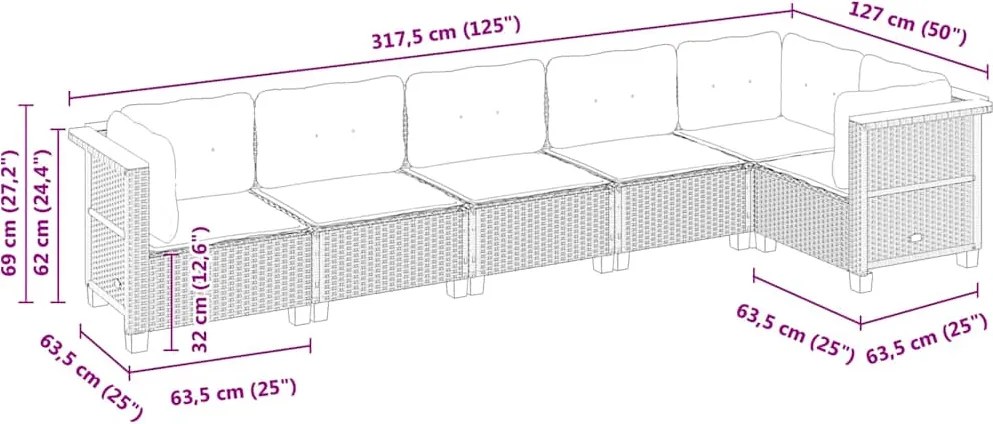 6dílná zahradní sedací souprava s poduškami černá polyratan 3261845
