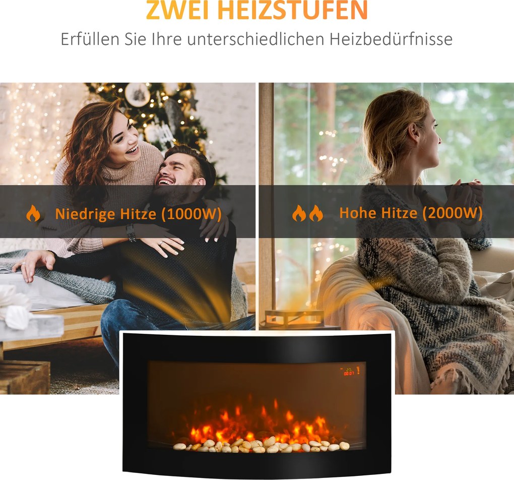 HOMCOM Elektrokamin s topením, nástěnný krb s LED efektem plamene, 10 barev plamene, 900/1800 W, elektrický krb s časovačem, nastavitelný termostat, …