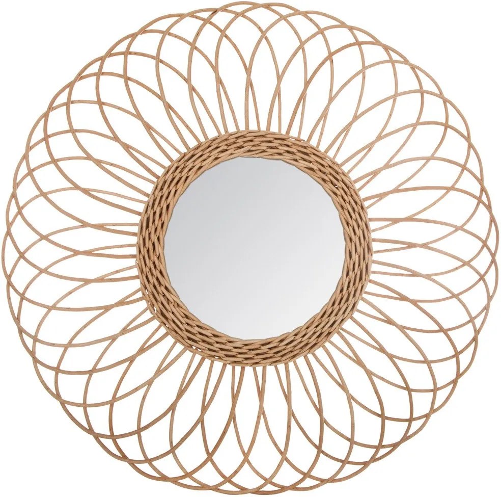 Závěsné zrcadlo s dekorativní proutěnou růžicí, unikátní nástěnná dekorace v tkaném rámu