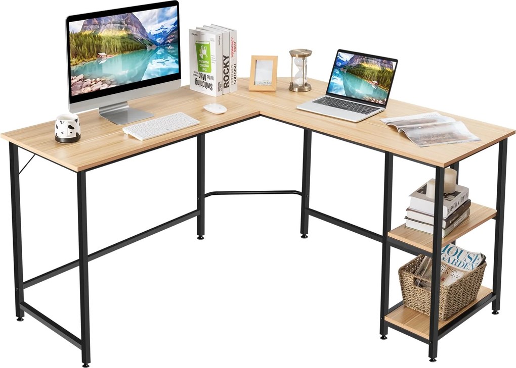 Costway Psací stůl ve tvaru L domácí se 2 policemi – 138 × 60 × 75 cm, přírodní