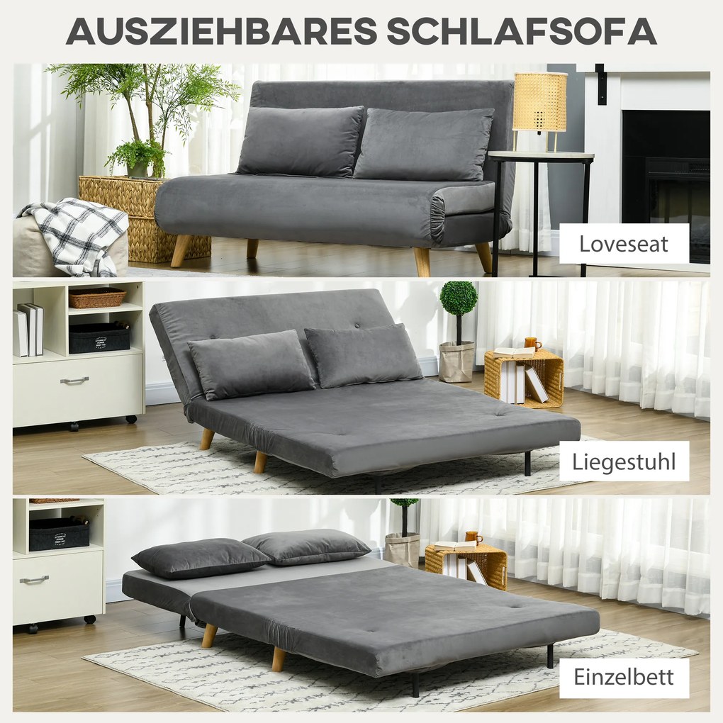 HOMCOM 2místná rozkládací pohovka s funkcí lůžka, rozkládací pohovka s nastavitelným opěradlem, šedý sametový vzhled, 130 x 78 x 79 cm do obývacího p…