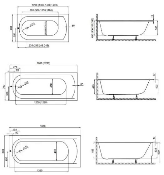 Polimat Akrylátová obdélníková vana Classic Slim 120x70 (130x70, 140x70, 150x70, 150x75, 160x70, 170x70, 170x75, 180x80) Barva: Bílá, Rozměry (cm): 170x70