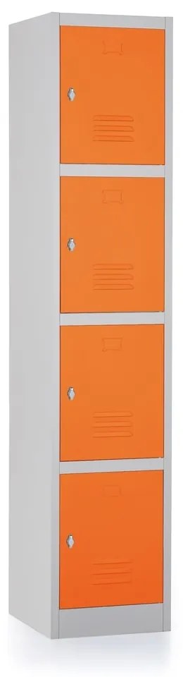 Kovová šatní skříňka - 4 boxy, 38 x 45 x 185 cm, otočný zámek, oranžová - ral 2004