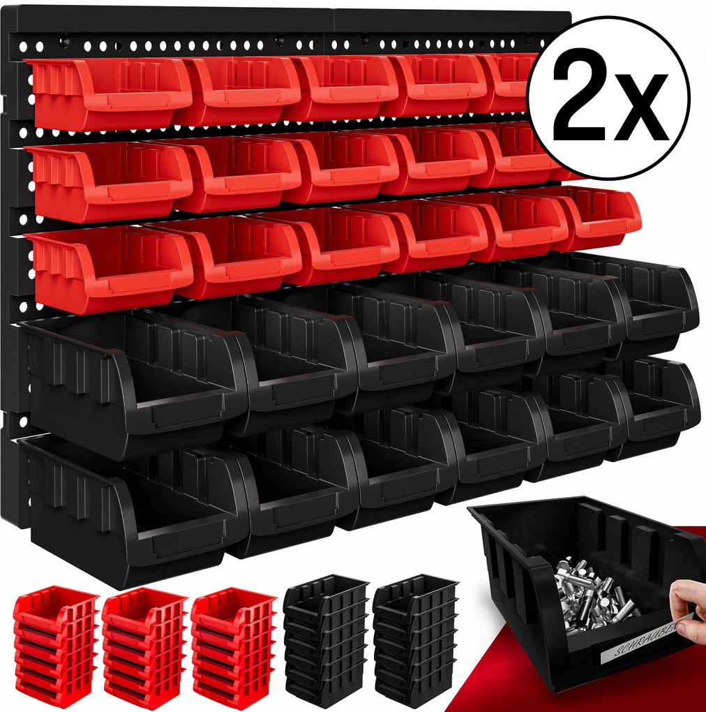Stěna na nářadí sada 2 ks černá/červená s je 30 stohovatelné boxy