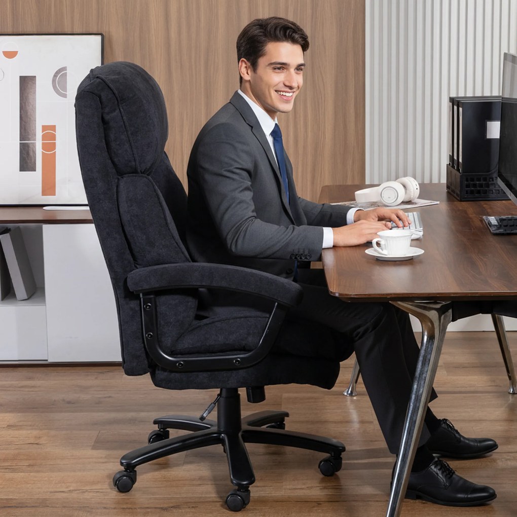 HOMCOM ergonomická kancelářská židle s vysokým opěradlem (nosnost 200 kg) – látka vzhled lnu, nastavitelná výška, houpání, široké sedadlo, černá