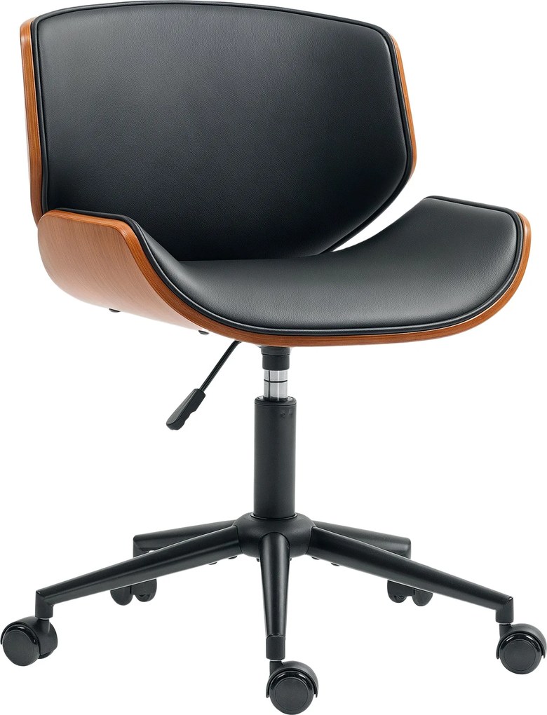 HOMCOM mid-century kancelářská židle bez područek — ergonomická, výškově nastavitelná, 360° otočná, PU, černá a ořech | Aosom