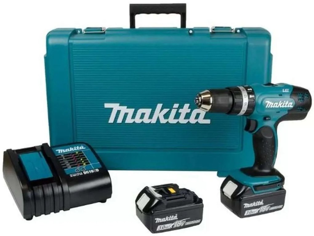 Makita Nářadí - 18V AKU vrtací šroubovák s příklepem, 2x aku 3,0 Ah LXT, nabíječka DHP453SFE