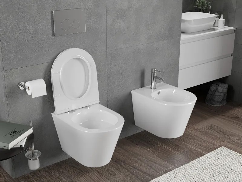 Mexen Rico, závěsná WC mísa 490x360x370 mm, Rimless Tornádo + WC sedátko z duroplastu, bílá lesklá, 30720500T