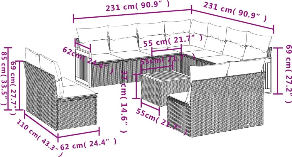12dílná zahradní sedací souprava s poduškami černá polyratan 3260173