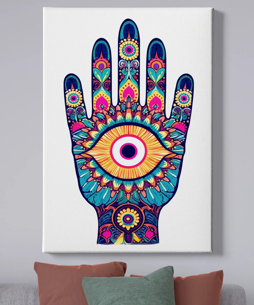 Obraz na plátně - Hamsa pestrobarevná květovaná FeelHappy.cz Velikost obrazu: 80 x 120 cm