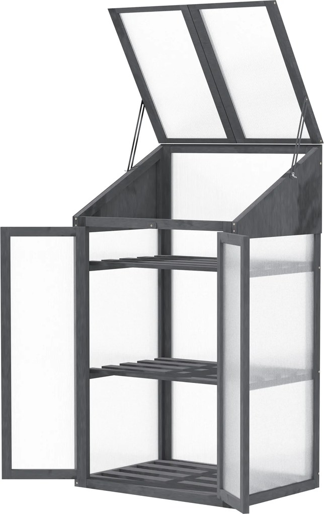 Mini-Gewächshaus, kleines Treibhaus mit Holzrahmen, Fenster und Doppeltür, 3 Regale, 70L x 50B x 120H cm, Grau
