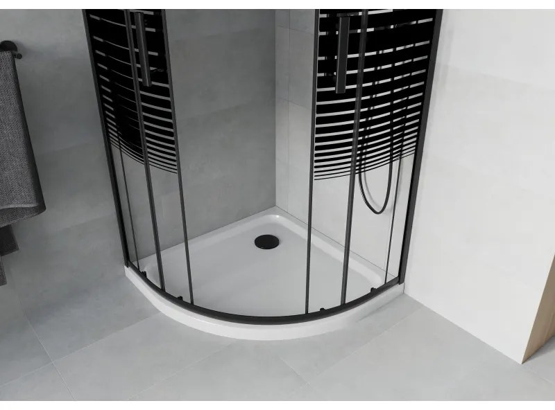 Mexen Rio, čtvrtkruhový sprchový kout s posuvnými dveřmi 80 (dveře) x 80 (dveře) x 190 cm, 5mm čiré sklo s pásky, černý profil + bílá sprchová vanička SLIM, 863-080-080-70-20-4110B