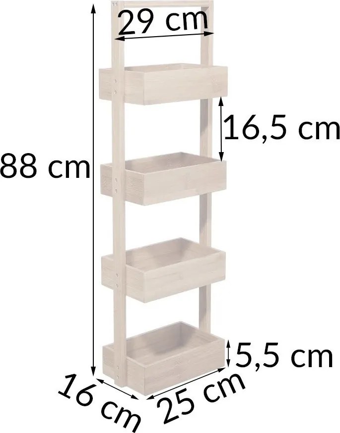 Dřevěný regál, koupelnový regál, koupelnový police, bambusová police BAMBOU, 4 stupňový - 100% bambus