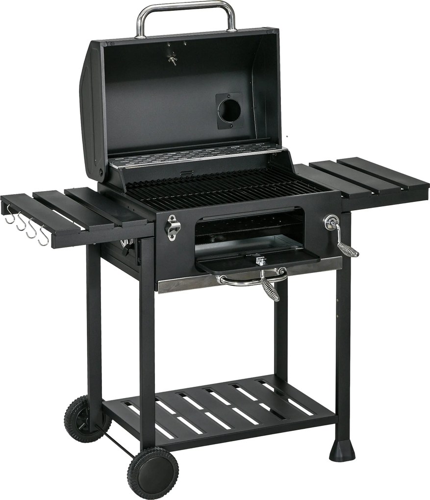 Outsunny Uhlový Gril, Kempingový Gril se dvěma rošty, Skládací Postranní Stůl, Grilovací Vozík s Policí, BBQ Rukojeť, Nerezová ocel, Černá, 120 x 64 x