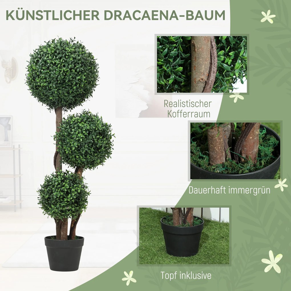 HOMCOM buxusový topiary 100 cm – velký strom se třemi koulemi, umělá rostlina s pravým dřevěným kmínkem v květináči, realistická dekorace do domu i v…