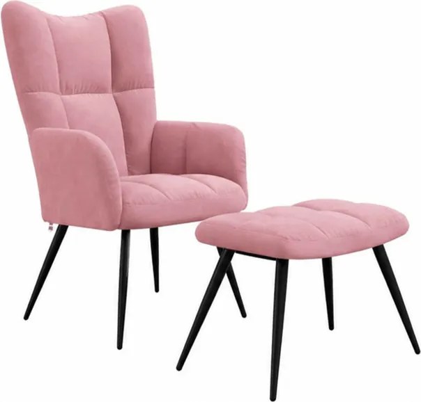 křeslo relaxační, s podnožkou, odpočinkové, ušák, kov/samet, 98x63x69 cm, černá/růžová, Dekorino KR20260016